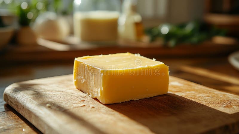 Block of Butter on a Wooden Cutting Board in a Kitchen Setting. Stock ...