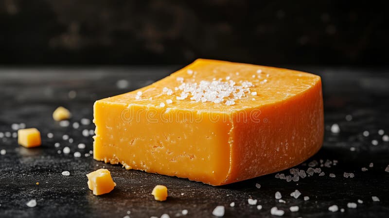 A Block of Cheddar Cheese with Salt Crystals on a Dark Background Stock ...
