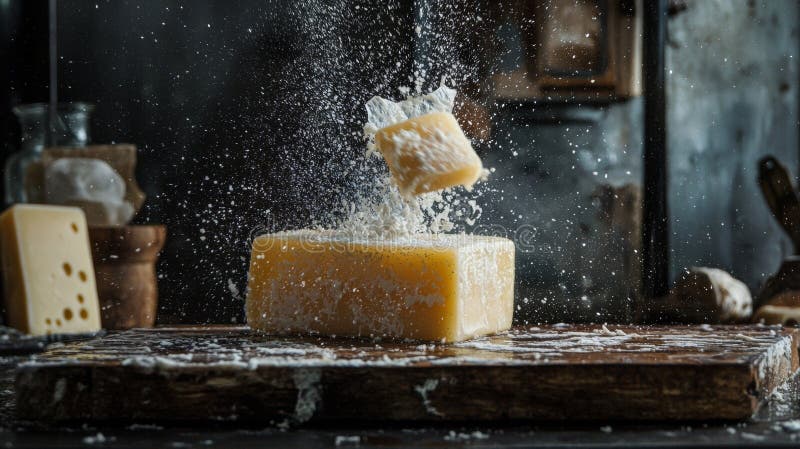 Block of Cheese Being Grated with Particles Flying Stock Image - Image ...