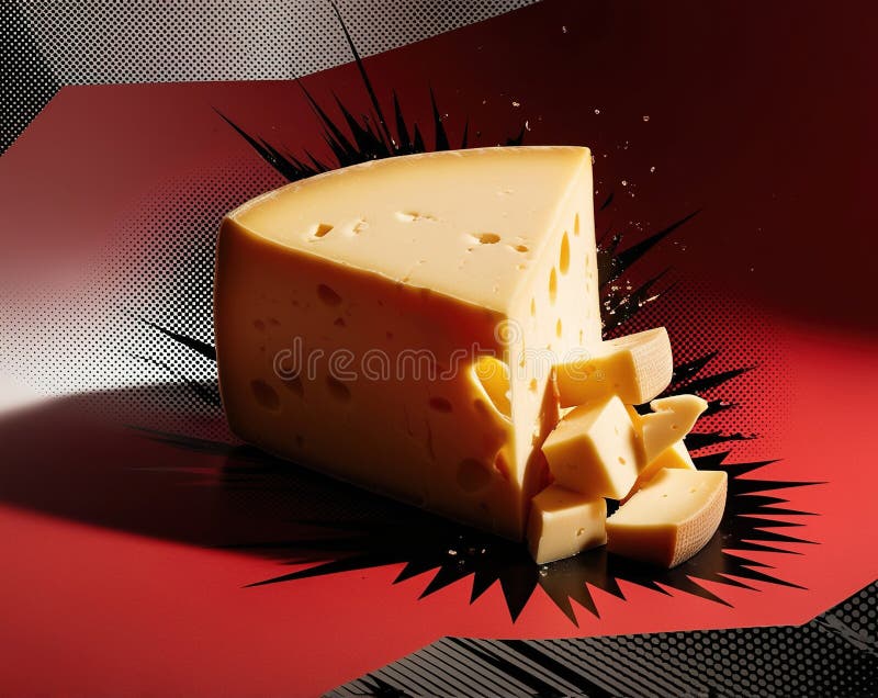 A Block of Cheese with Cubes Cut from it, Placed Against a Vibrant Red ...