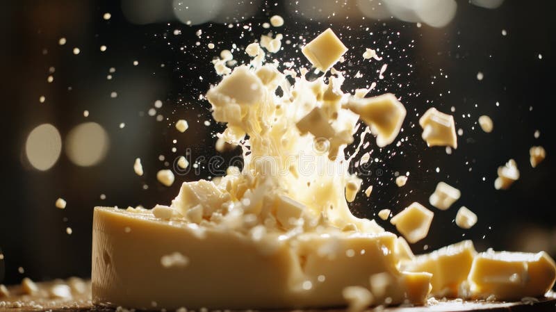 A Block of Cheese Exploding into Small Pieces, Showcasing a Dynamic ...