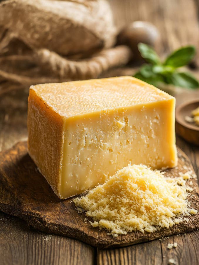 Block of Cheese with Grated Cheese on a Wooden Board Stock Photo ...