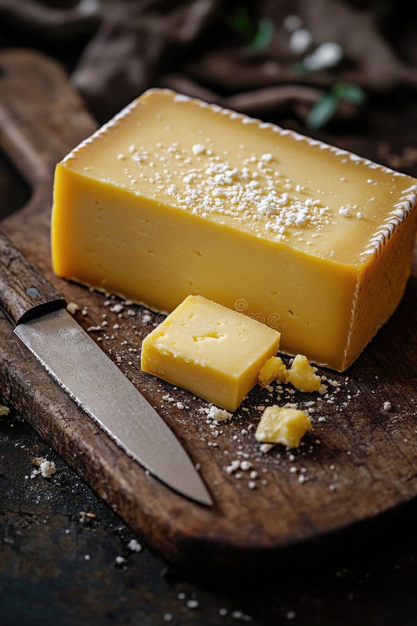 A Block of Cheese Sits Atop a Clean Cutting Board, Perfect for Serving ...