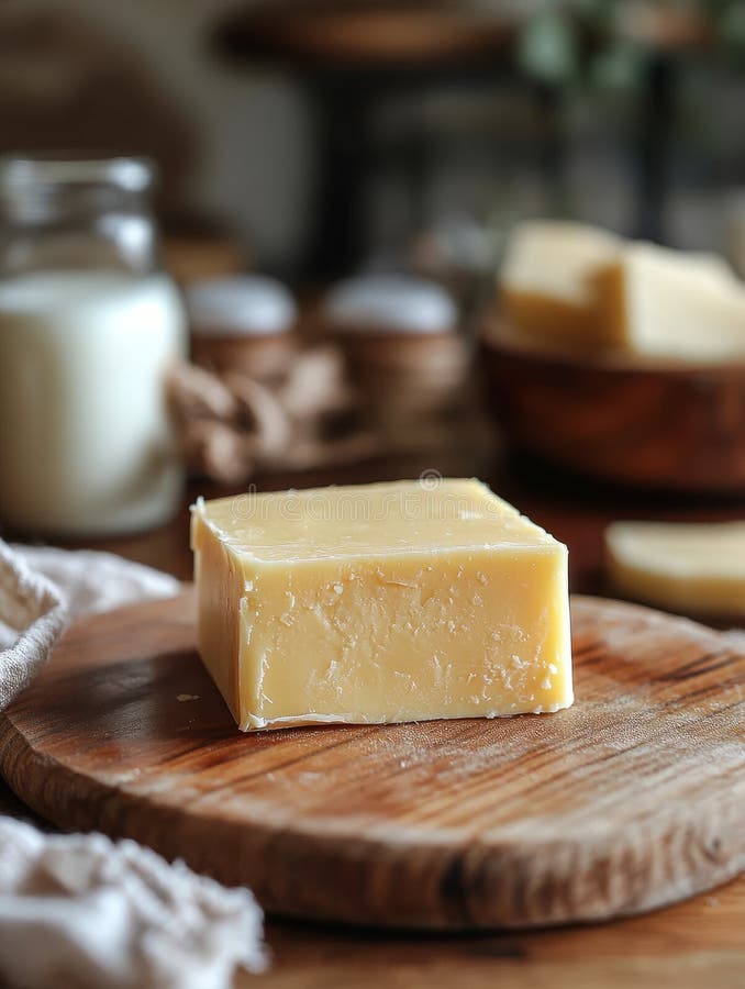 Block of Cheese on a Wooden Cutting Board in a Kitchen Setting Stock ...