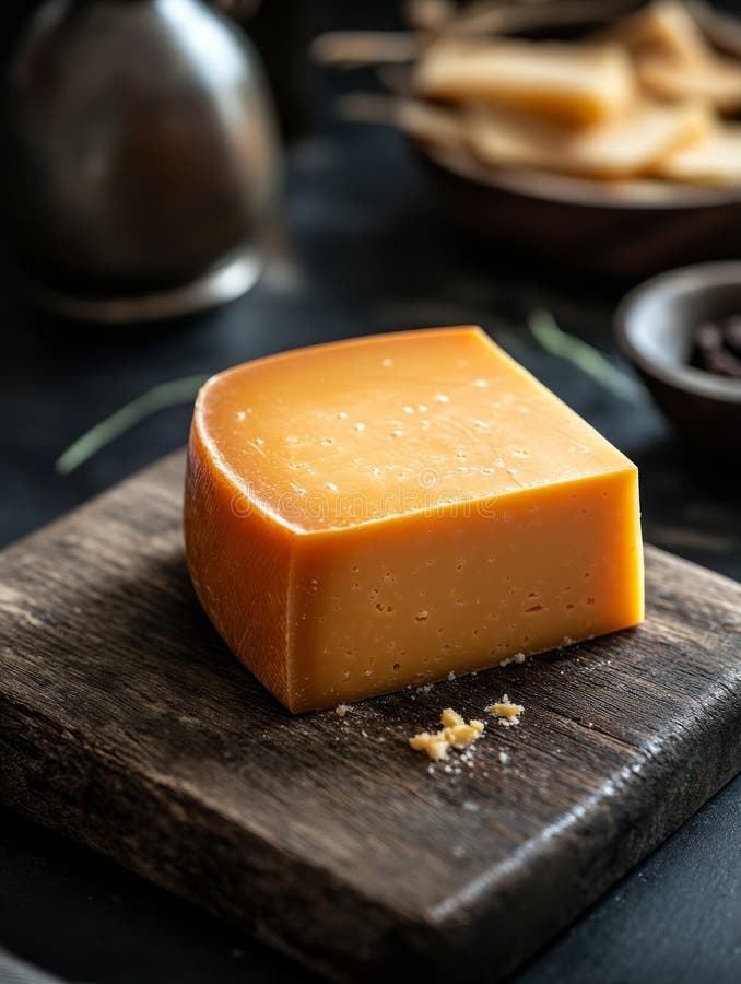 Block of Gouda Cheese on a Rustic Wooden Board. Stock Image - Image of ...