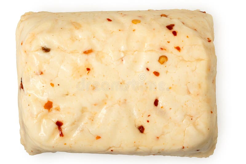 Block of Halloumi Cheese with Red Chilli Isolated on White from Above ...
