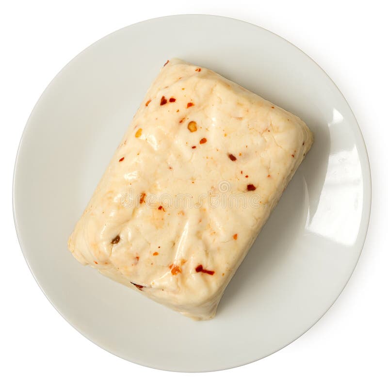 Block of Halloumi Cheese with Red Chilli on White Ceramic Plate ...