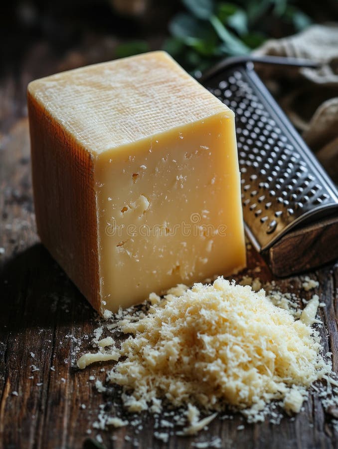 Block of Parmesan Cheese with Grater and Shredded Pieces Stock Image ...
