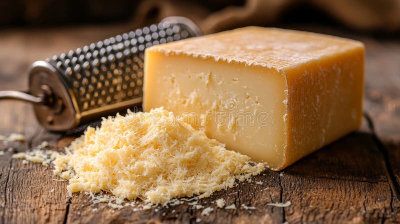 Block of Parmesan Cheese and Shredded Cheese with Grater Stock Photo ...