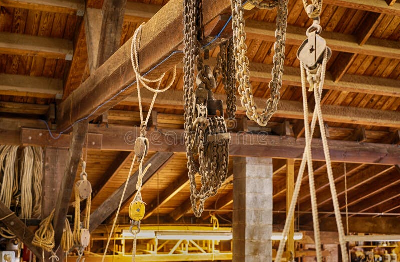 Old Wooden Block and Tackle Pulleys in a Boat Builders Shop Stock Image ...