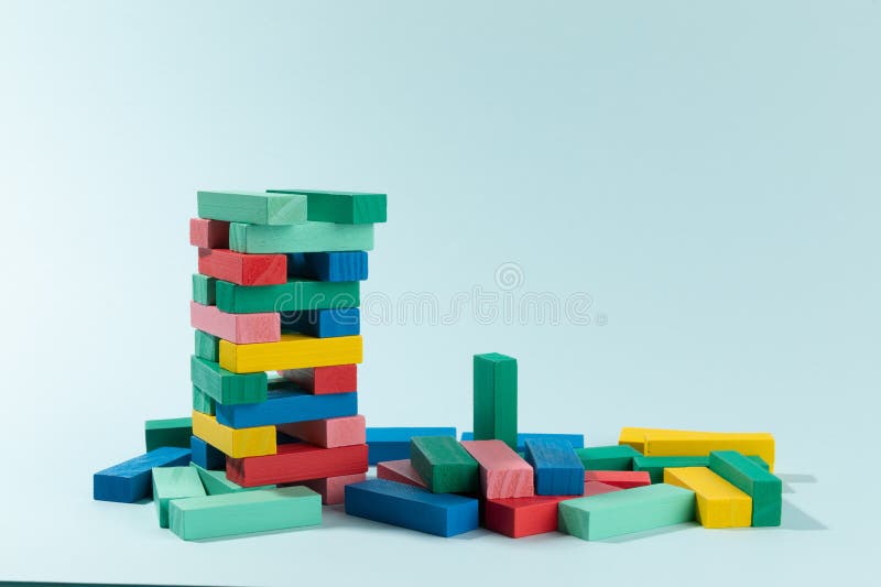 Block Tower Made of Colourfull Wooden Blocks on Light Blue Background ...