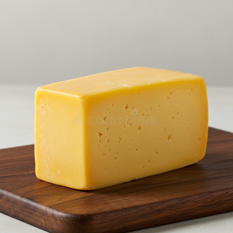 A Block of Yellow Cheese Rests on a Wooden Cutting Board. the Cheese ...