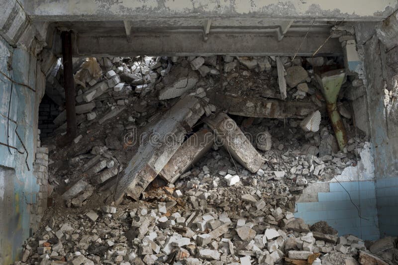Blockage of Concrete Fragments of the Remains of the Slab, Bricks of ...