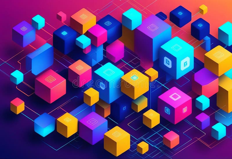 Blockchain Concept Banner. Isometric Digital Blocks Connection Stock ...