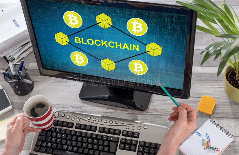Blockchain Concept on a Computer Stock Image - Image of computer, bank ...