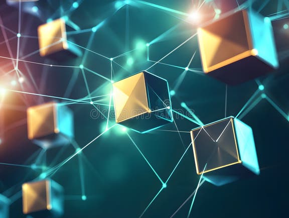 Blockchain Concept with Floating Cubes Connected by Glowing Lines ...