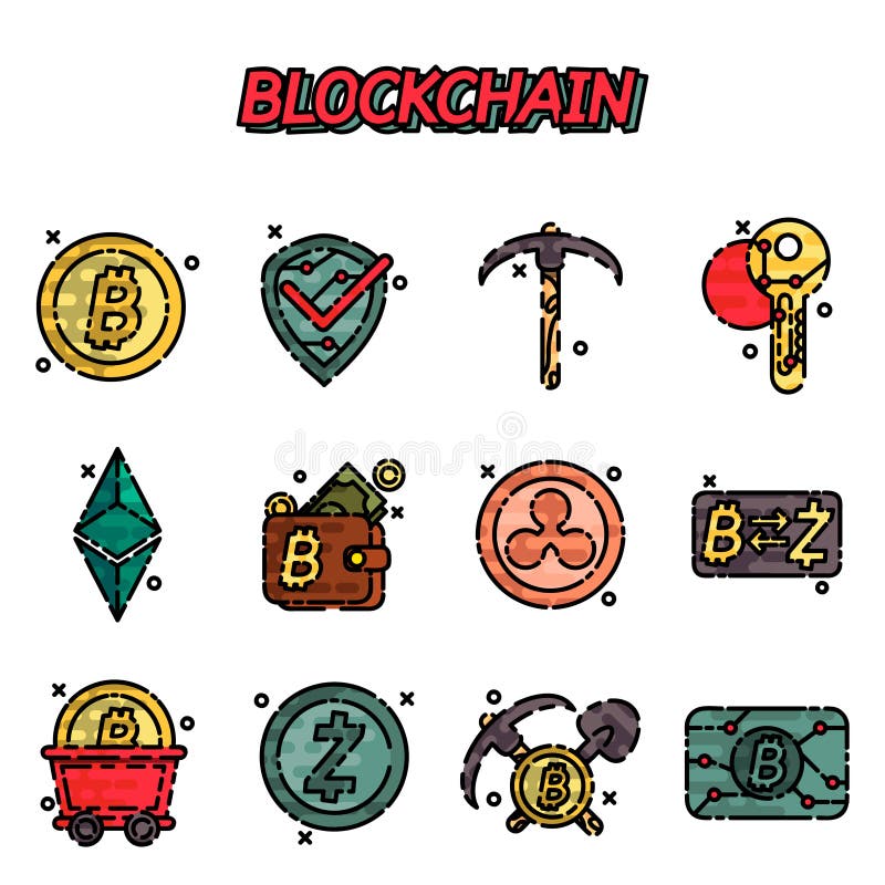 Blockchain flat icons set stock vector. Illustration of digital - 96924227