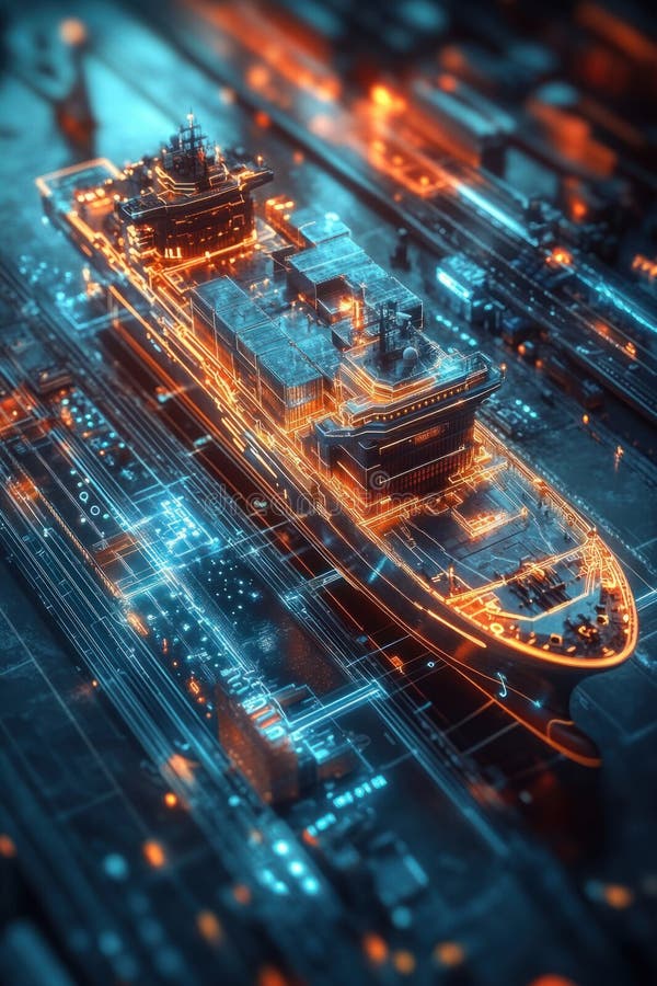 Blockchain Integration, a Futuristic Cargo Ship Rendered As a Hologram ...