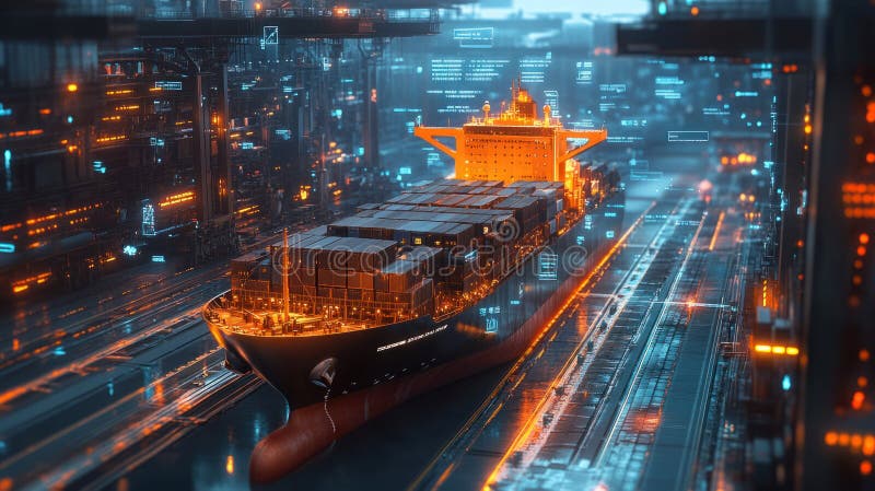 Blockchain Integration, a Futuristic Cargo Ship Rendered As a Hologram ...