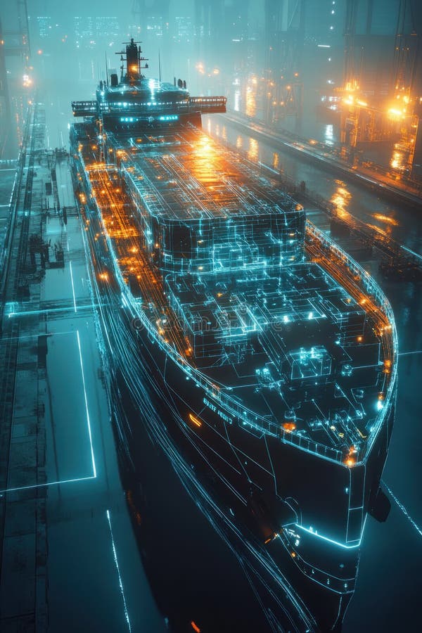 Blockchain Integration, a Futuristic Cargo Ship Rendered As a Hologram ...