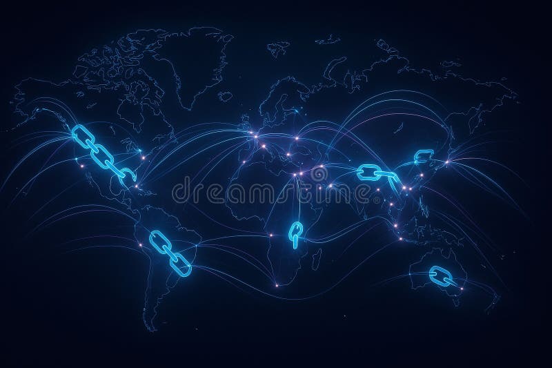 Blockchain Network Connects Cities on Glowing Global Fintech Map Stock ...