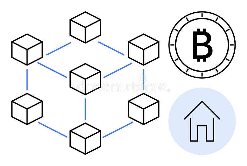 Blockchain Network with Bitcoin Symbol and House Icon Representing ...