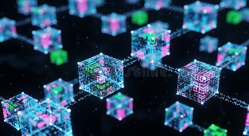Abstract Blockchain Network Concept with Glowing Cubes Connected in a Digital Space Stock Photo ...
