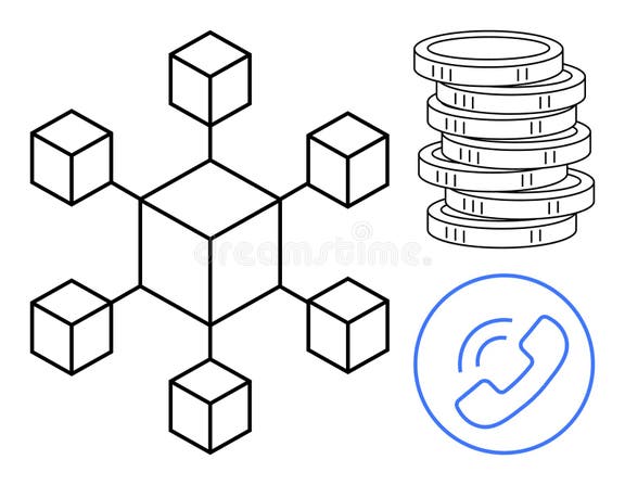 Blockchain Network, Stack of Coins, and Communication Symbol Concept ...