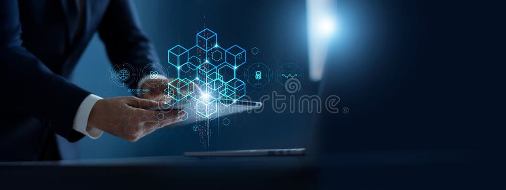 Blockchain Technology Concept, Businessman Use Laptop and Tablet on ...