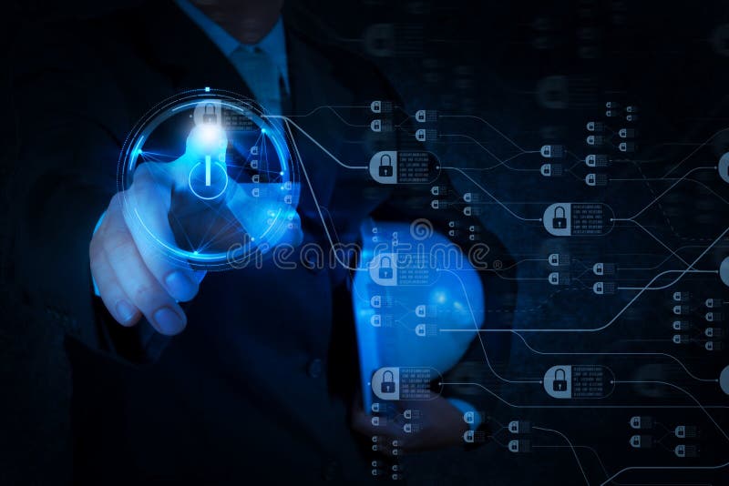 Engineer Pushing Start Button on Touch Screen Computer Stock Photo ...