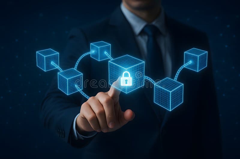 Blockchain Technology Concept Man Touching a Digital Block with a ...