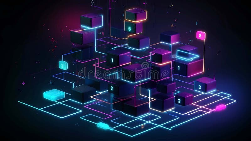 Blockchain Technology Concept in Neon Style, Abstract Background, Vector Illustration ...
