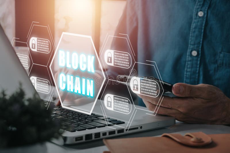 Blockchain Technology Concept, Person Hand Typing Keyboard Computer ...