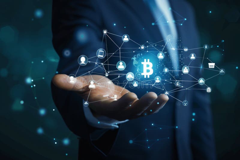 Blockchain Technology and Network Concept, Businessman Holding Blockchain Network in Hand Stock ...