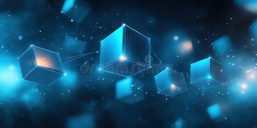 Blockchain Technology Visualized with Glowing Blue Cubes and Particles ...