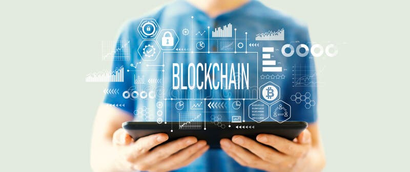 Blockchain Theme with Man Using a Tablet Stock Photo - Image of block ...