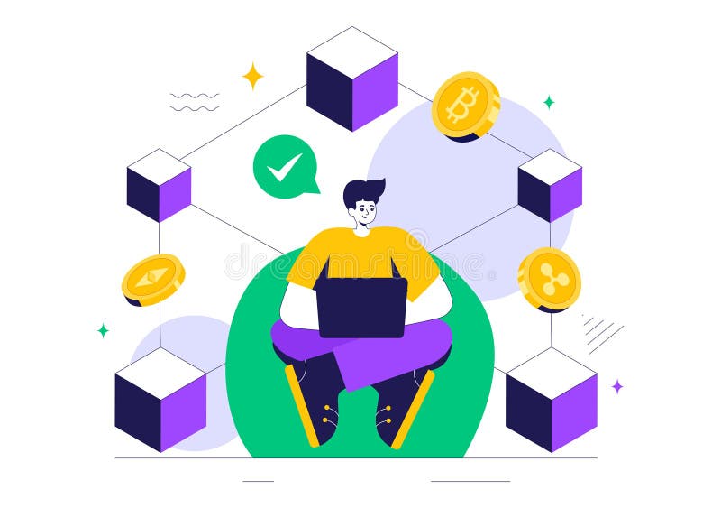 Blockchain Vector Illustration Featuring a Tech Architect Working at a ...