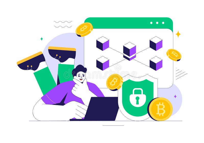 Blockchain Vector Illustration Featuring a Tech Architect Working at a ...