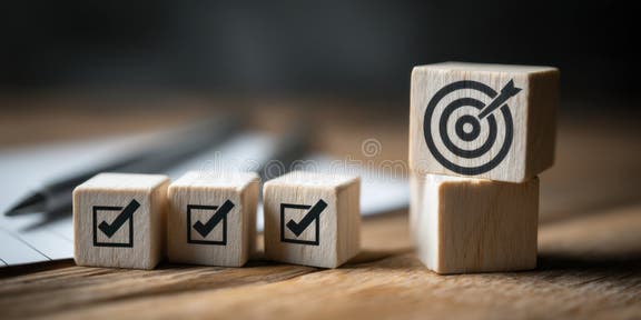 Blocks with Check Marks and Target Symbol Emphasize Goal Setting on a ...