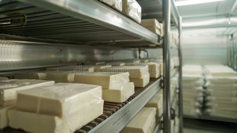 Stacks of Cheese Blocks Maturing in a Cold Storage Room in Daytime ...