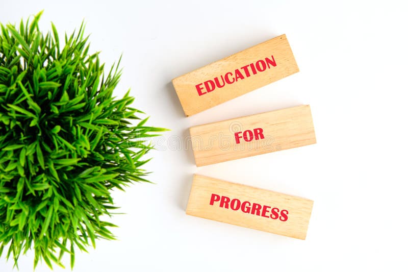 Blocks with Education for Progress are Near a Small Plant, Symbolizing ...