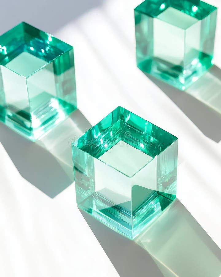 Blocks of Green Glass Sit on a White Surface, with Sunlight Shining ...