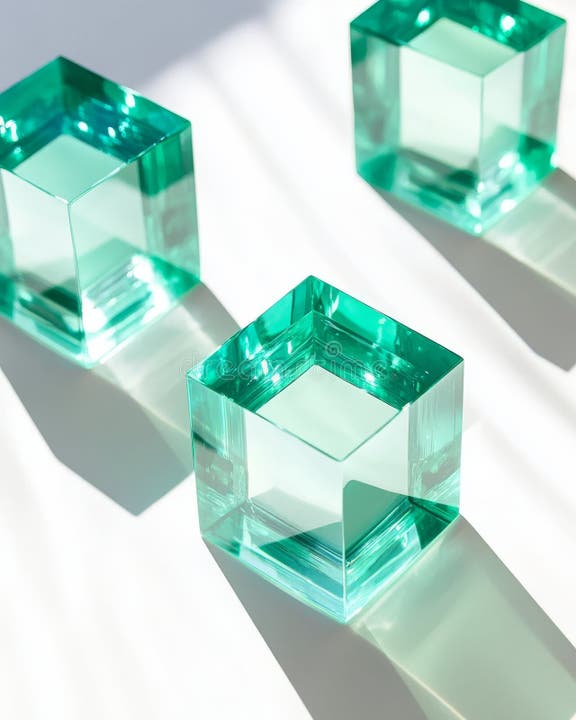 Blocks of Green Glass Sit on a White Surface, with Sunlight Shining ...