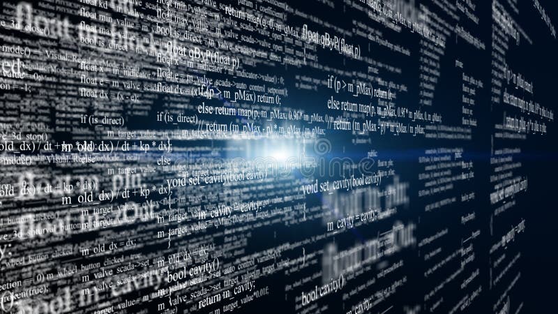 Blocks of Program Code Flying in Virtual Space Divided into Different Moving Digital Screens ...