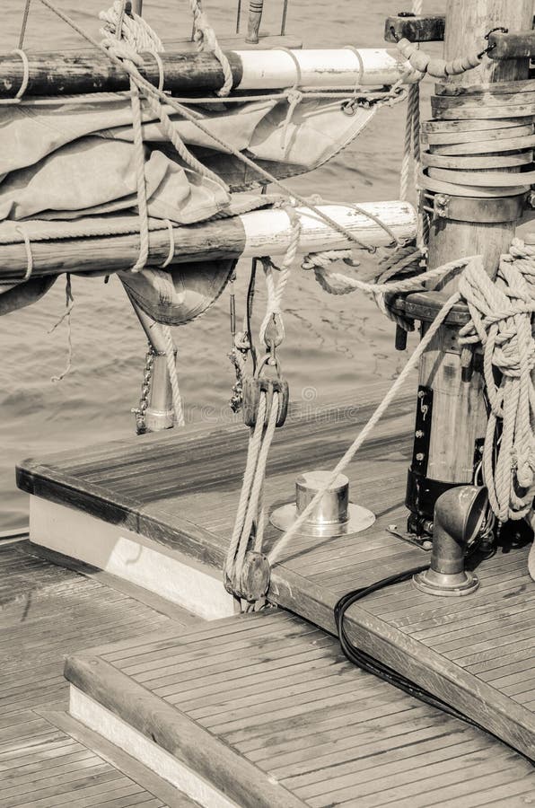 Blocks and Rigging at the Old Sailboat Stock Photo - Image of deck ...