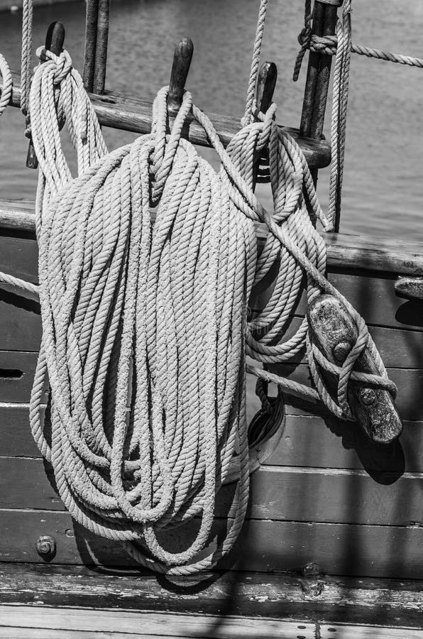 Blocks and Rigging at the Old Sailboat Stock Photo - Image of line ...