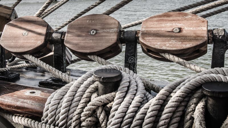 Blocks and Rigging at the Old Sailboat Stock Photo - Image of mast ...