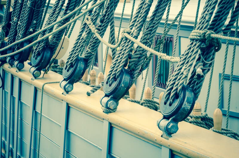 Blocks and Rigging of an Old Sailboat, Close-up Stock Photo - Image of ...