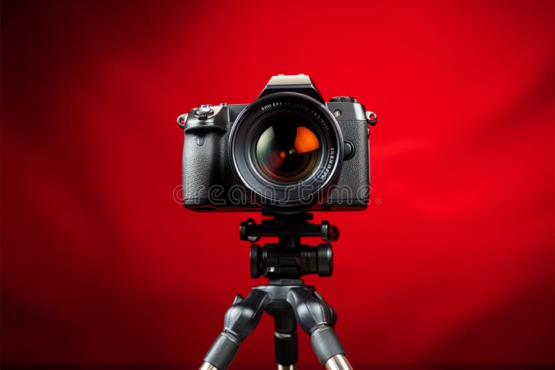 Blog Reporting Setup Camera on a Tripod Against Red Backdrop Stock ...