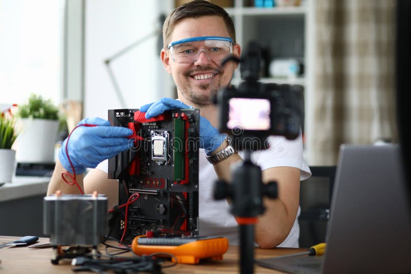 Blogger Conduct Online Master Class and Solder Electronic Part. Stock ...